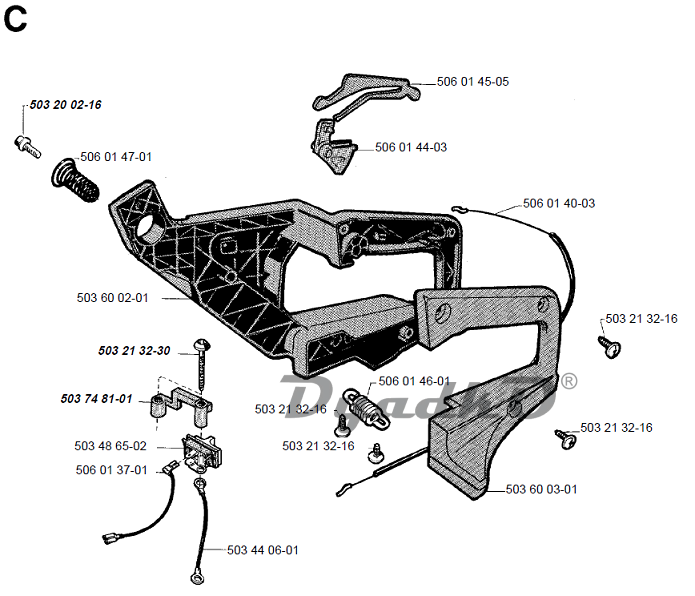 Схема (деталировка) пилы цепные бензиновые JONSERED 2041, 2045, 2050 ...