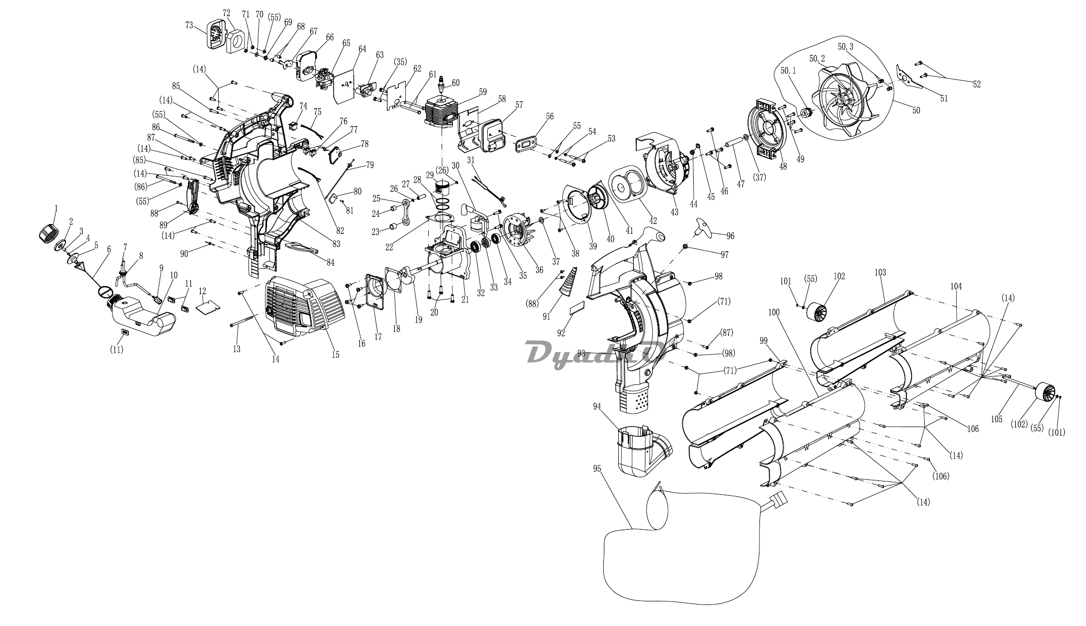 Схема (деталировка) воздуходувки и садовые пылесосы бензиновые REDVERG ...