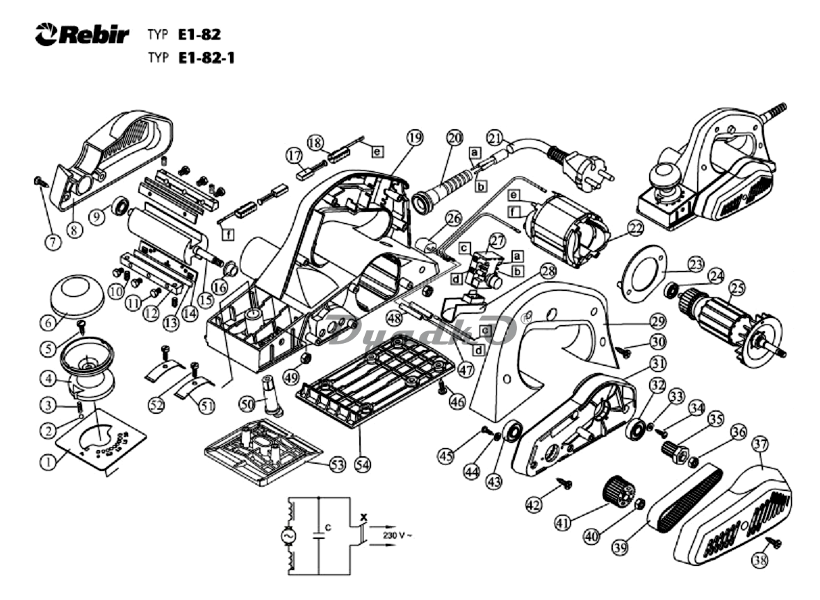 Схема (деталировка) рубанки REBIR E1-82-1 E1-82-1 (2004/07). Подбор по ...